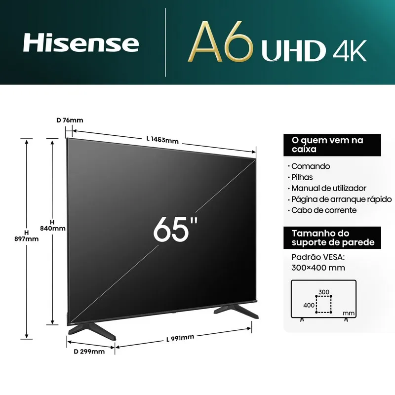 TV HISENSE 65A6N (65" LED UHD 4K SMART) - Loja Sistec